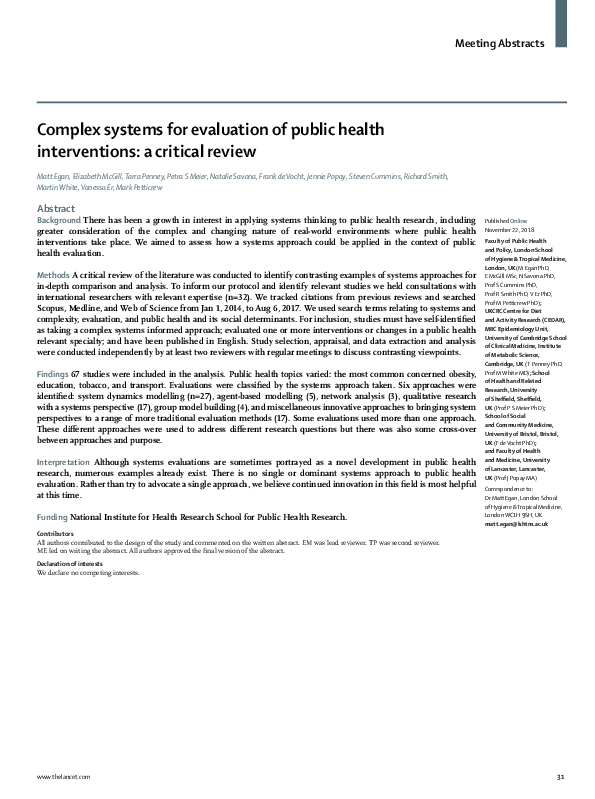 (PDF) Complex systems for evaluation of public health interventions: a ...