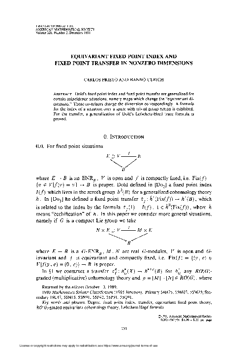 (PDF) Equivariant Fixed Point Index and Fixed Point Transfer in Nonzero ...