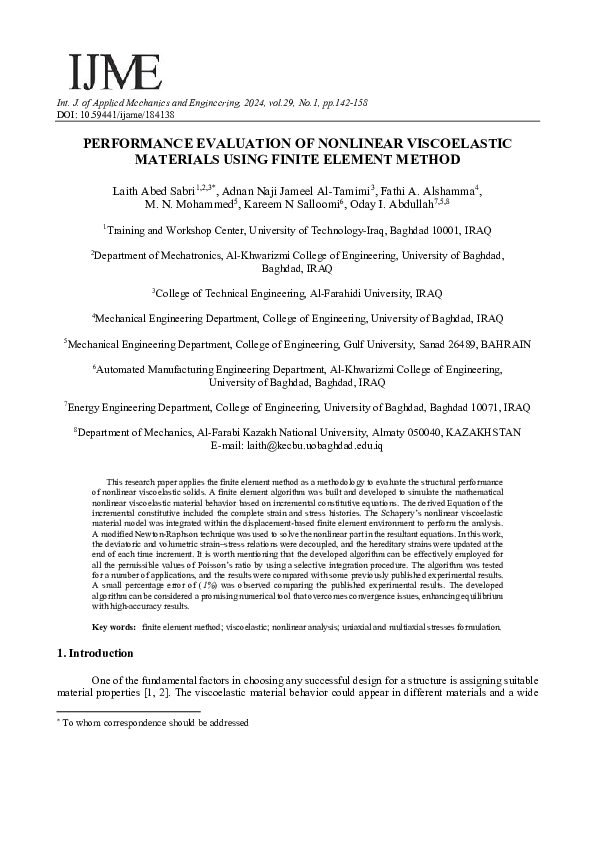 (PDF) Performance Evaluation of Nonlinear Viscoelastic Materials using Finite Element Method