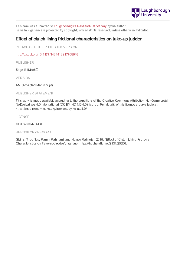 (PDF) Effect of clutch lining frictional characteristics on take-up judder