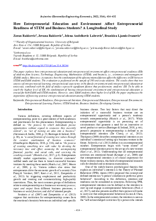 (PDF) How Entrepreneurial Education and Environment Affect Entrepreneurial Readiness of STEM and ...