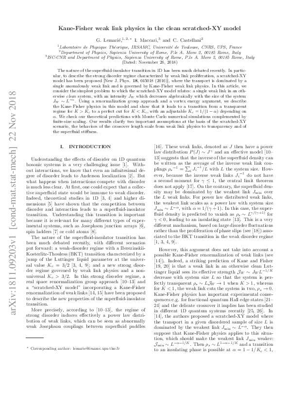 (PDF) Kane-Fisher weak link physics in the clean scratched XY model