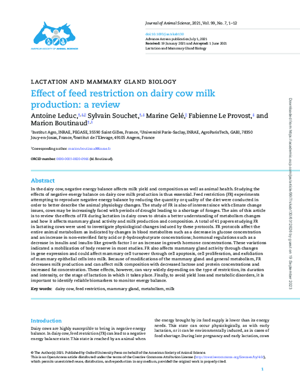 (PDF) Effect of feed restriction on dairy cow milk production: a review