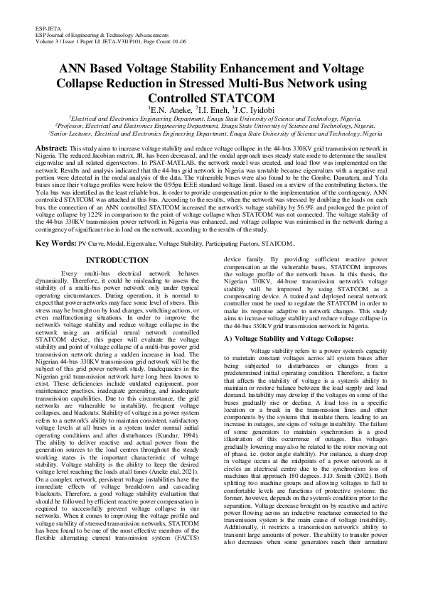 (PDF) ANN Based Voltage Stability Enhancement and Voltage Collapse Reduction in Stressed Multi ...