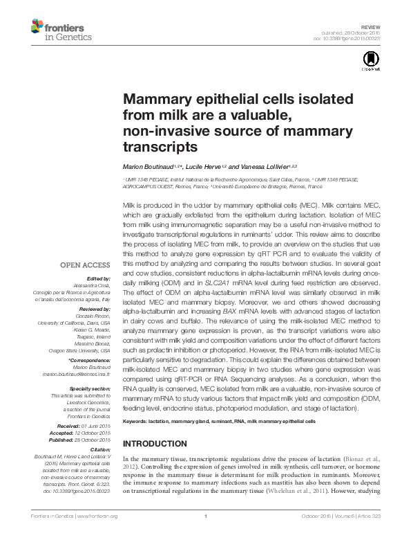 (PDF) Mammary epithelial cells isolated from milk are a valuable, non ...