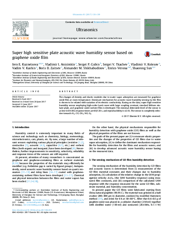 (PDF) Super high sensitive plate acoustic wave humidity sensor based on ...