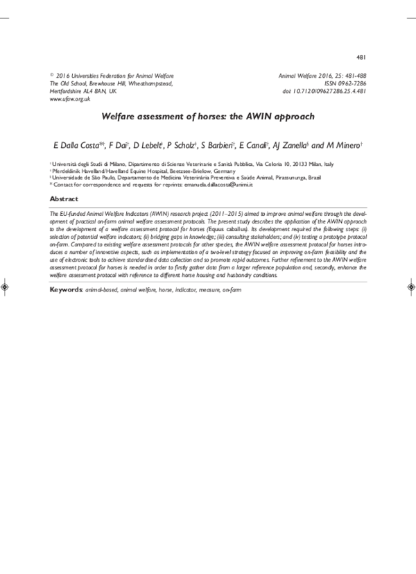 (PDF) Welfare assessment of horses: the AWIN approach