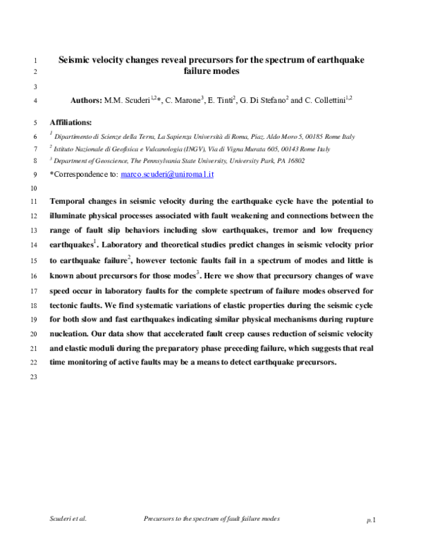(PDF) Precursory changes in seismic velocity for the spectrum of earthquake failure modes