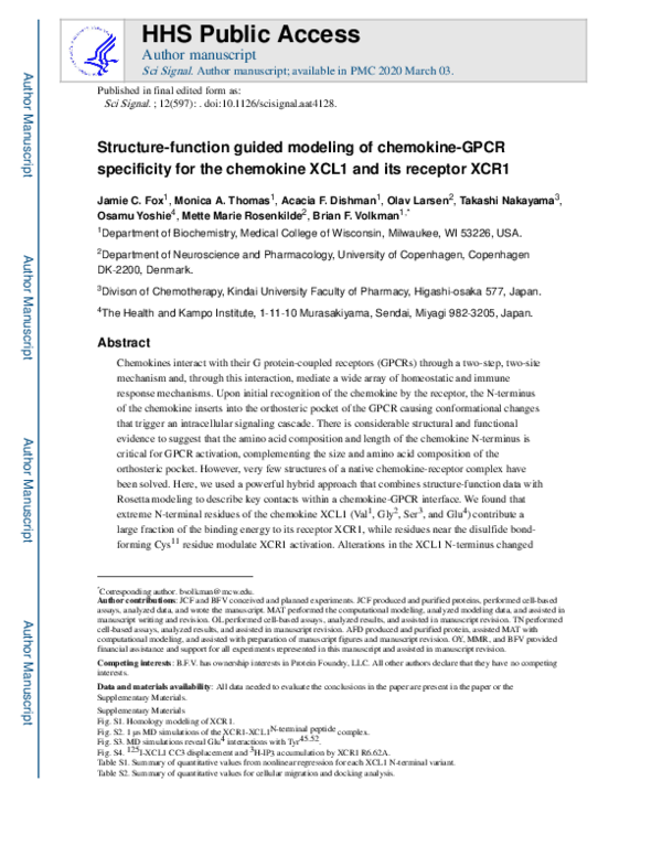 (PDF) Structure-function guided modeling of chemokine-GPCR specificity ...