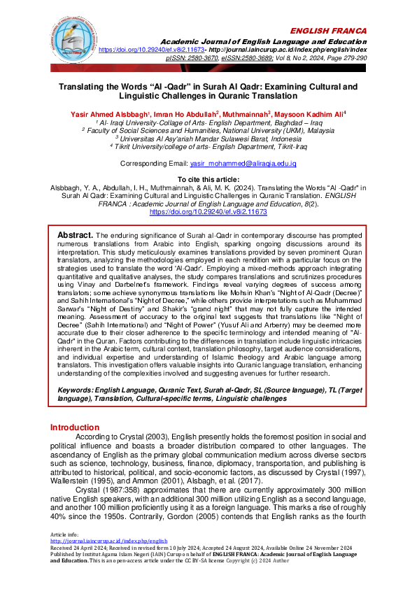 (PDF) Translating the Words “Al -Qadr in Surah Al Qadr Examining ...