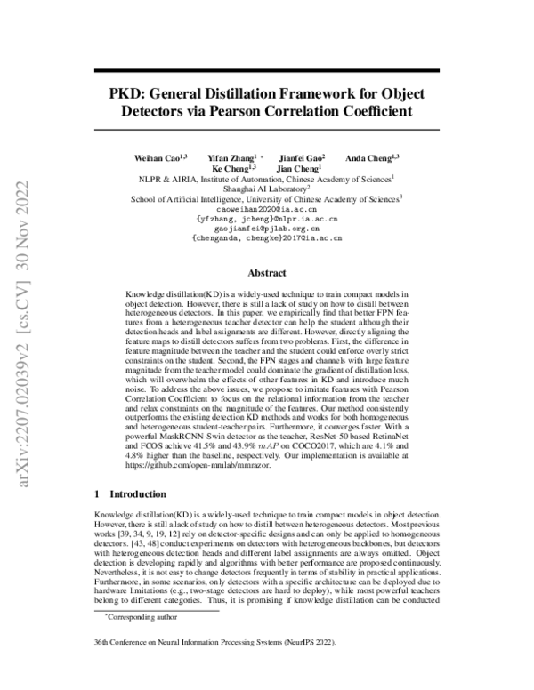 (PDF) PKD: General Distillation Framework for Object Detectors via Pearson Correlation Coefficient