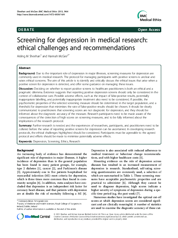 (PDF) Screening for depression in medical research: ethical challenges ...