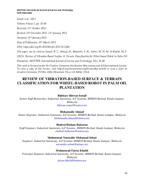 (PDF) Review of Vibration-Based Surface & Terrain Classification for Wheel-Based Robot in Palm ...