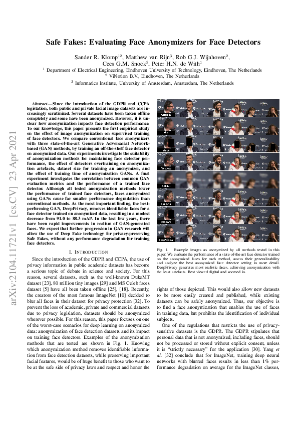 (PDF) Safe Fakes: Evaluating Face Anonymizers for Face Detectors
