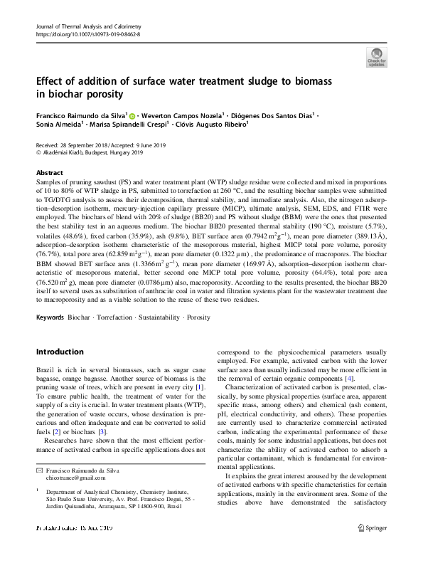 (PDF) Effect of addition of surface water treatment sludge to biomass in biochar porosity