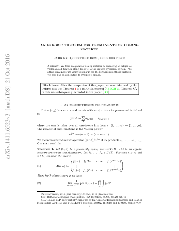 (PDF) An ergodic theorem for permanents of oblong matrices