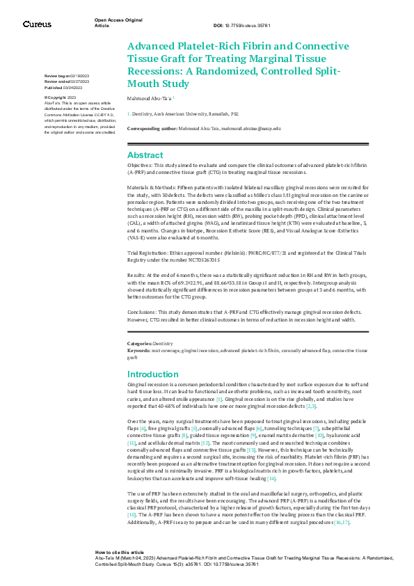 (PDF) Advanced Platelet-Rich Fibrin and Connective Tissue Graft for ...