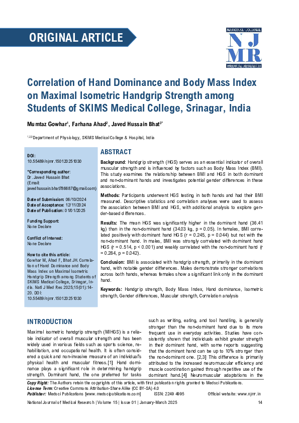 (PDF) Correlation of Hand Dominance and Body Mass Index on Maximal ...
