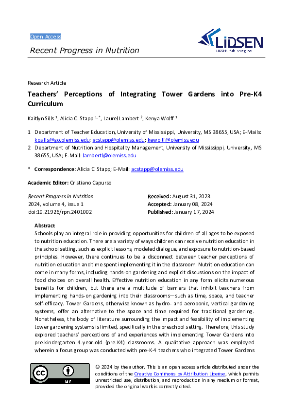 (PDF) Teachers’ Perceptions of Integrating Tower Gardens into Pre-K4 ...