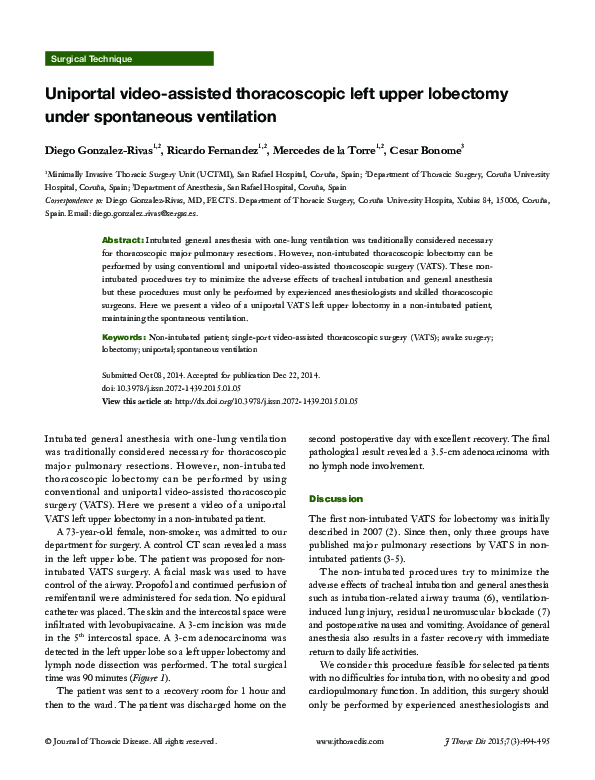 (PDF) Uniportal video-assisted thoracoscopic left upper lobectomy under ...