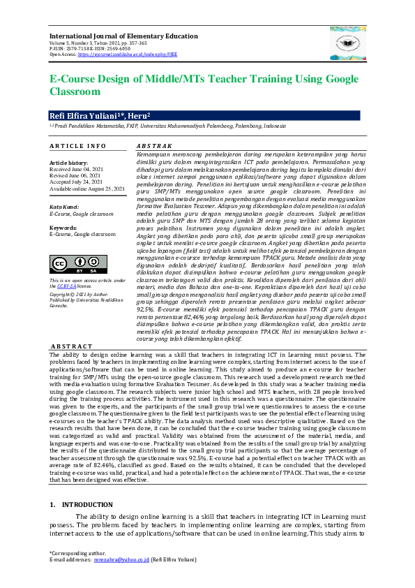 (PDF) E-Course Design of Middle/MTs Teacher Training Using Google Classroom