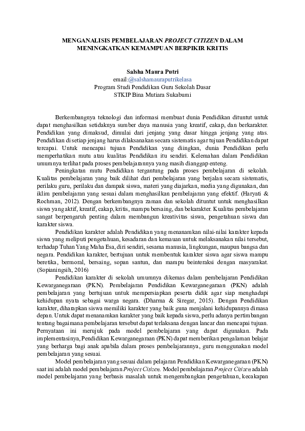 (PDF) Analisis Pembelajaran Project Citizen dalam Meningkatkan Kemampuan Berpikir Kritis