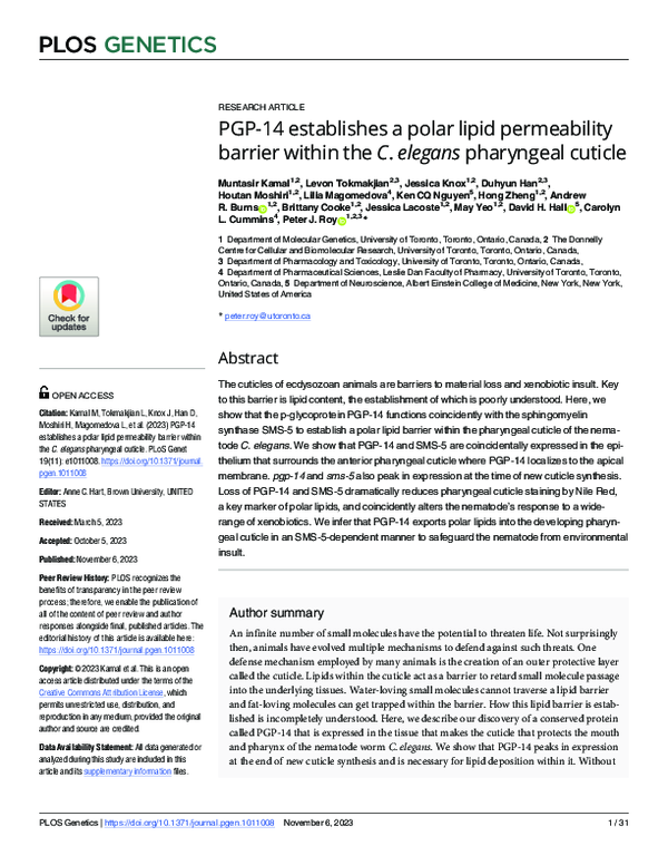 (PDF) PGP-14 establishes a polar lipid permeability barrier within the C. elegans pharyngeal cuticle