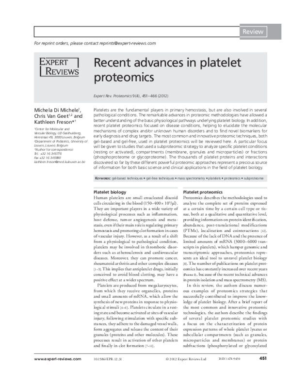 (PDF) Recent advances in platelet proteomics