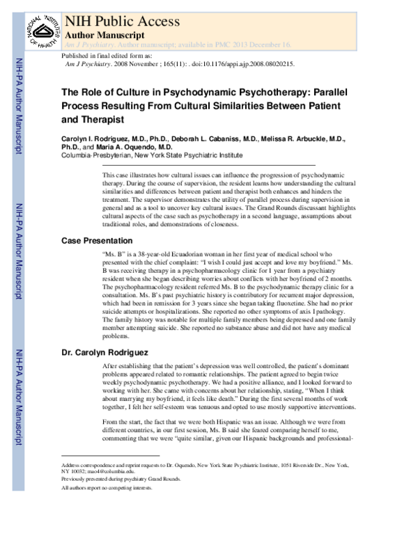 (PDF) The Role of Culture in Psychodynamic Psychotherapy: Parallel ...