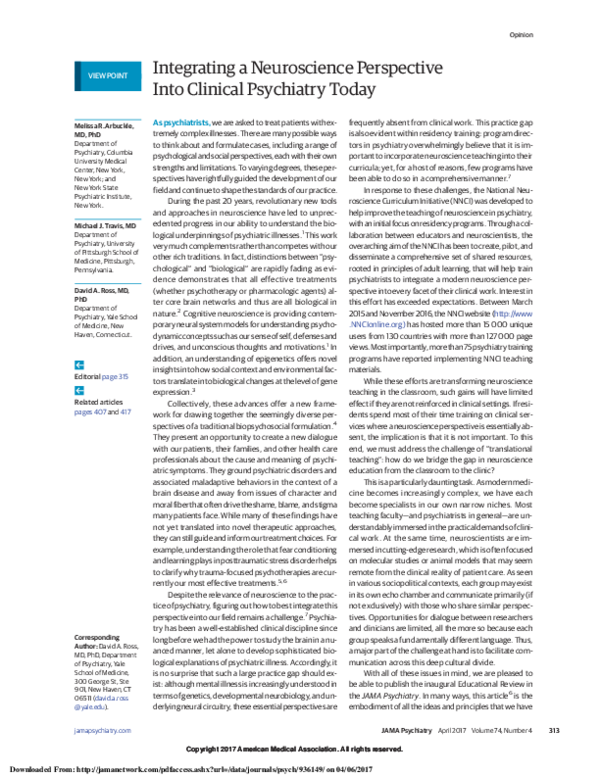 (PDF) Integrating a Neuroscience Perspective Into Clinical Psychiatry Today