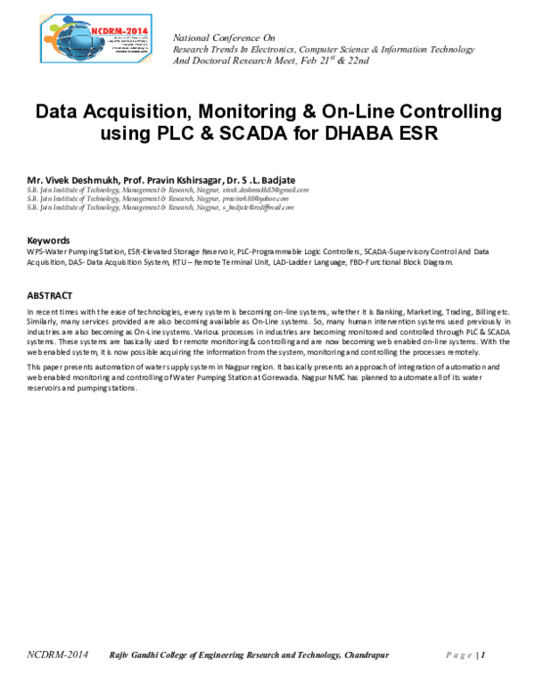 (PDF) Data Acquisition, Monitoring & On-Line Controlling using PLC & SCADA for DHABA ESR