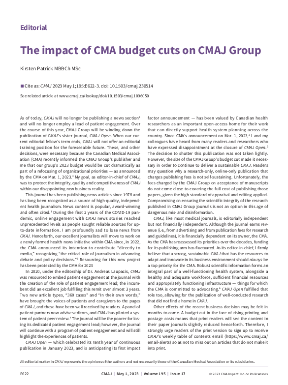 (PDF) The impact of CMA budget cuts on CMAJ Group