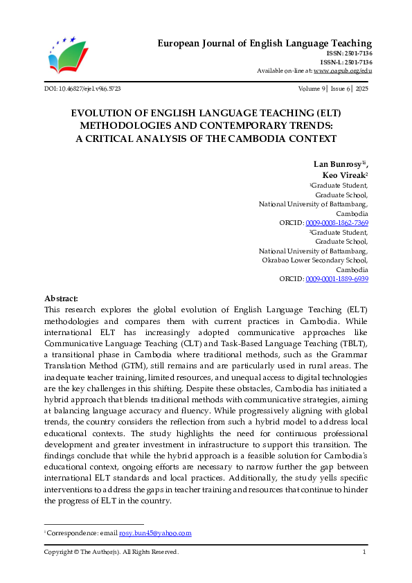 (PDF) EVOLUTION OF ENGLISH LANGUAGE TEACHING (ELT) METHODOLOGIES AND ...