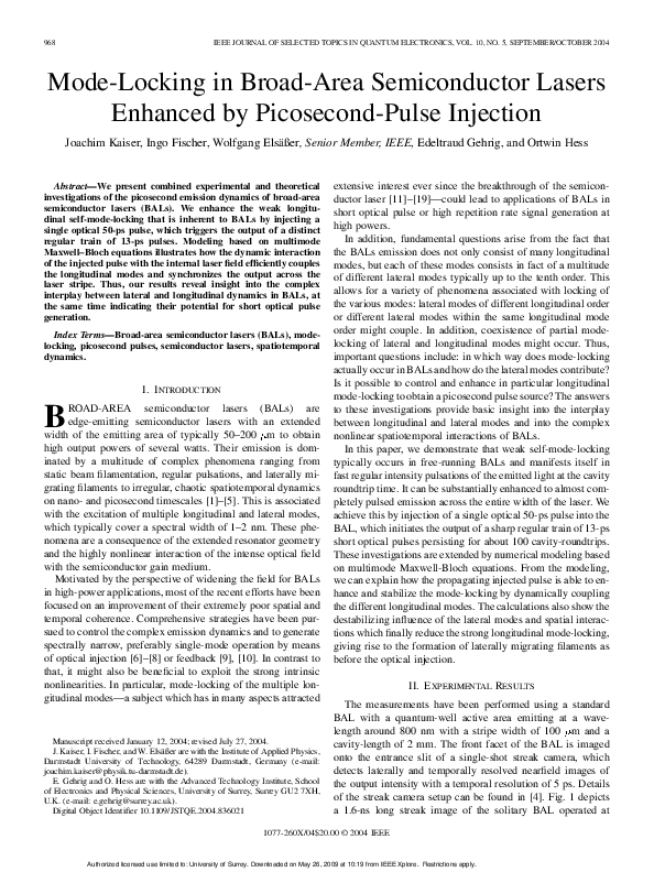 (PDF) Mode-Locking in Broad-Area Semiconductor Lasers Enhanced by Picosecond-Pulse Injection