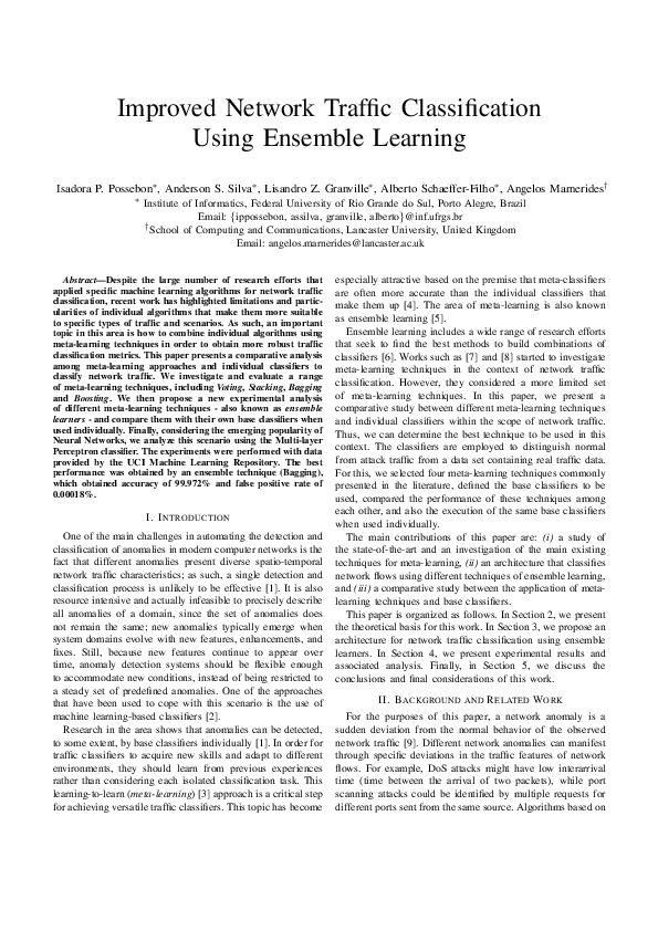 Pdf Improved Network Traffic Classification Using Ensemble Learning