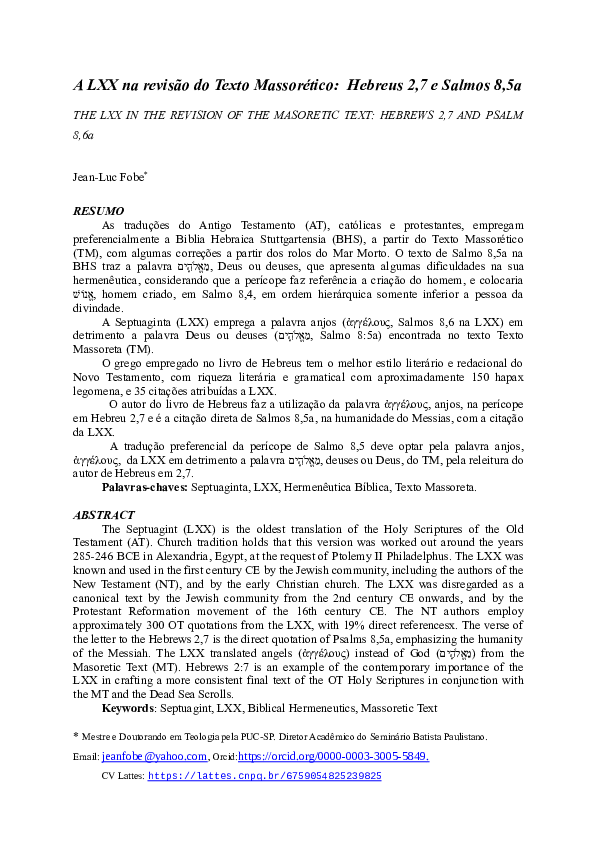 (PDF) THE LXX IN THE REVISION OF THE MASORETIC TEXT: HEBREWS 2,7 AND ...