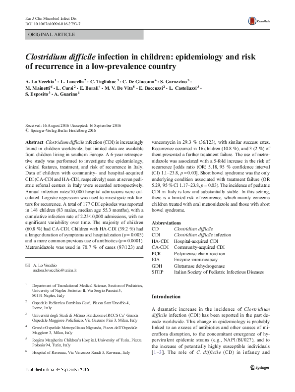 (PDF) Clostridium difficile infection in children: epidemiology and ...