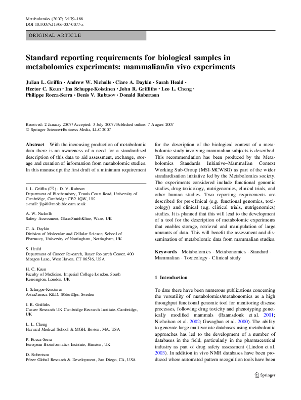 Pdf Standard Reporting Requirements For Biological Samples In Metabolomics Experiments