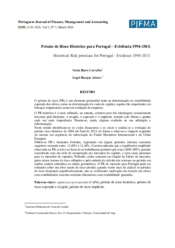 (PDF) Prémio De Risco Histórico Para Portugal – Evidência 1994-2015 ...