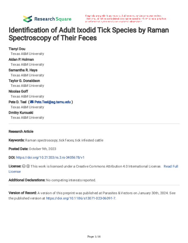 (PDF) Identification of Adult Ixodid Tick Species by Raman Spectroscopy ...