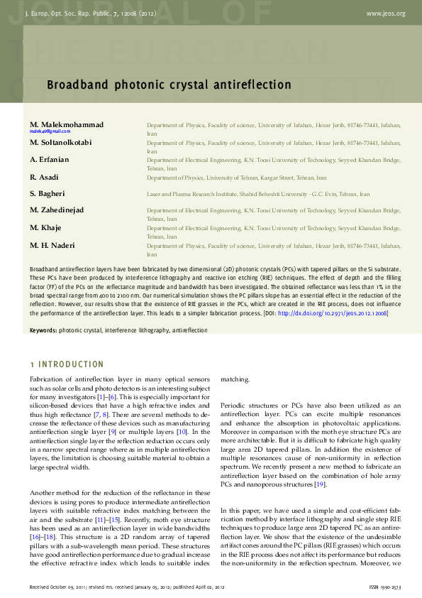(PDF) Broadband photonic crystal antireflection