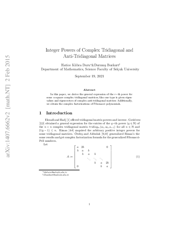 (PDF) Integer powers of complex tridiagonal matrices