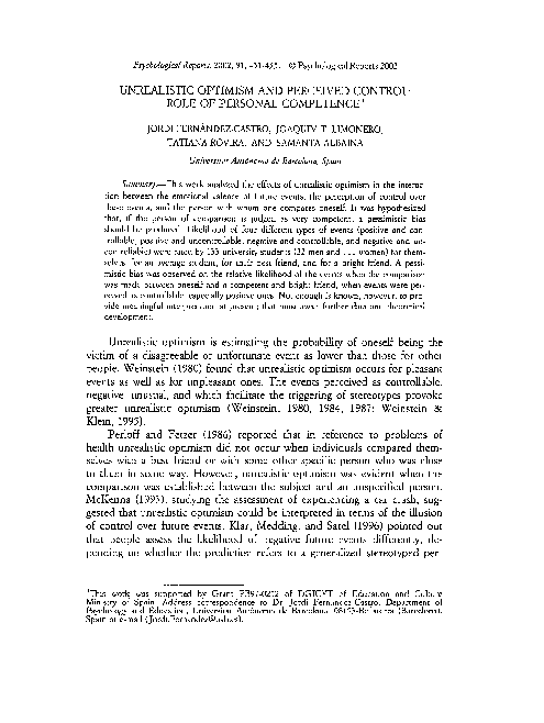 (PDF) Unrealistic Optimism and Perceived Control: Role of Personal ...
