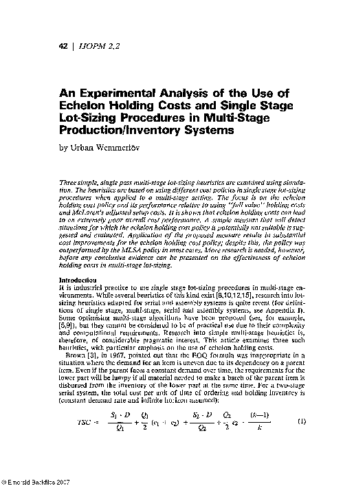 (PDF) An Experimental Analysis of the Use of Echelon Holding Costs and ...