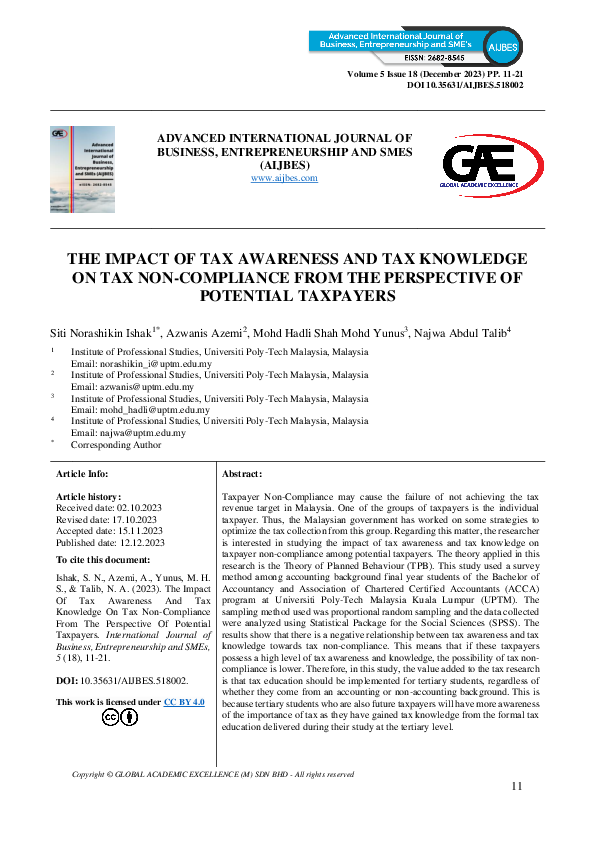 (PDF) The Impact of Tax Awareness and Tax Knowledge on Tax Non ...