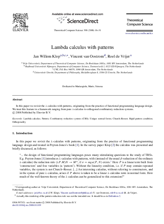(PDF) Lambda calculus with patterns