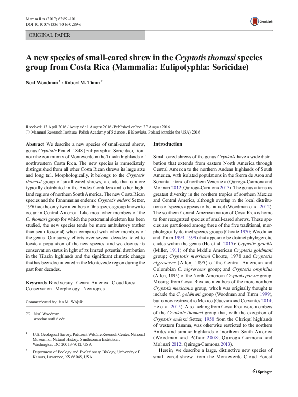 (PDF) A new species of small-eared shrew in the Cryptotis thomasi ...
