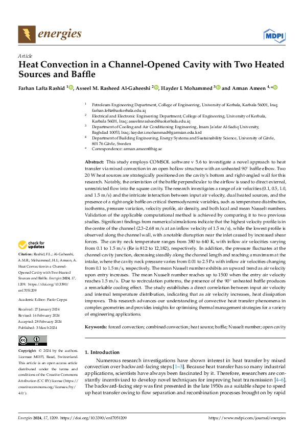 (PDF) Heat Convection in a Channel-Opened Cavity with Two Heated Sources and Baffle