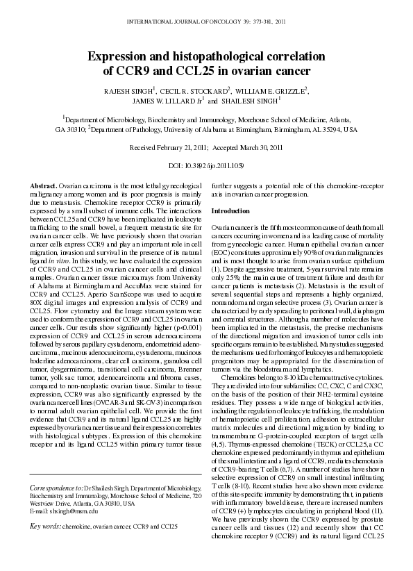 (PDF) Expression and histopathological correlation of CCR9 and CCL25 in ovarian cancer