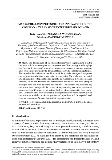 (PDF) Managerial Competencies and Innovations in the Company – the Case of Enterprises in Poland